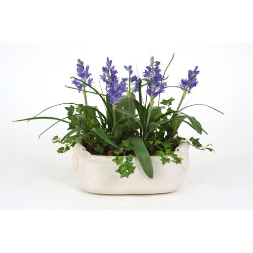 Silk Periwinkle Blue Hyacinths, Grass and Ivy in Oval Cream-White ...